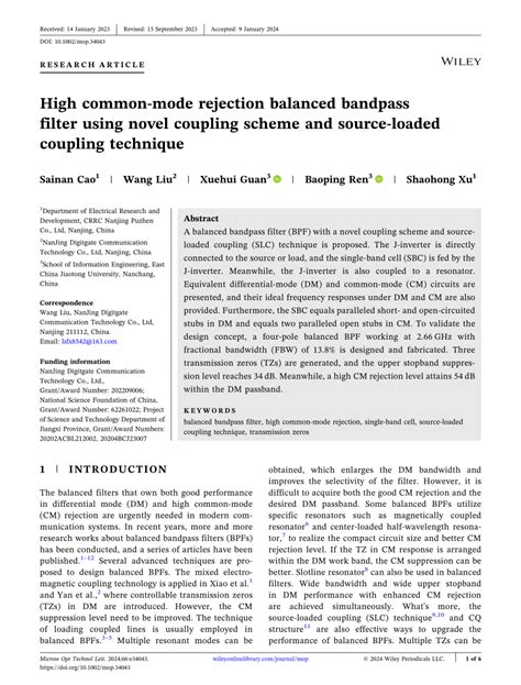 High Common‐mode Rejection Balanced Bandpass Filter Using Novel Coupling Scheme And Source