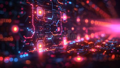 A Computer Generated Image Of A Glowing Neon Colored Computer Chip By AI Generated Image Stock