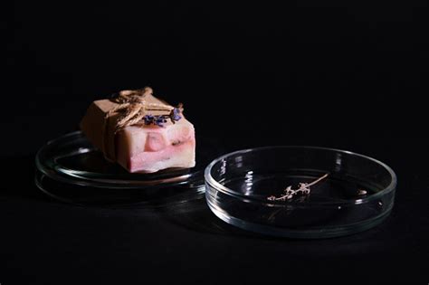 고립된 검은색 배경 위에 마른 라벤더 꽃이 있는 페트리 접시에 분홍색 대리석 비누 막대에 대한 세부 정보 스킨 케어 0명에 대한 스톡 사진 및 기타 이미지 Istock