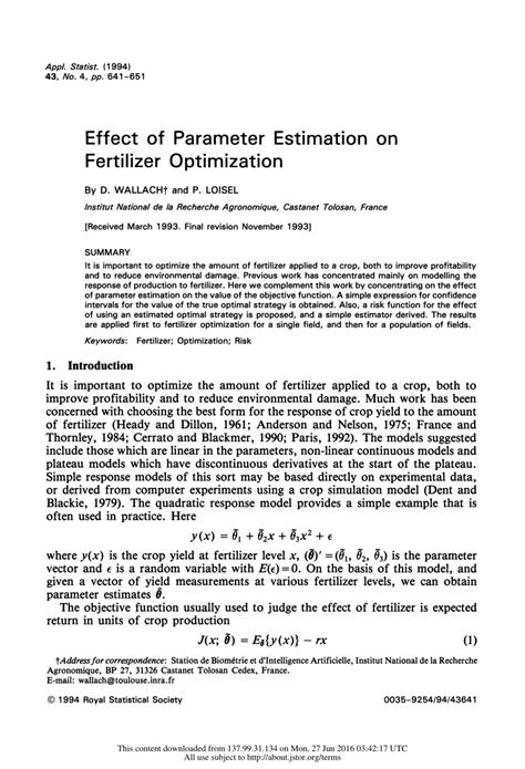 Pdf Effect Of Parameter Estimation On Fertilizer Optimization