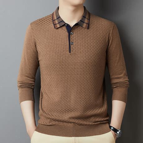 Checkered Textured Long Sleeve Polo Camel L Atom Long Sleeve