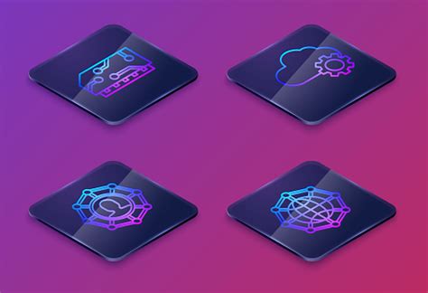 Isometric 라인 Ram 랜덤 액세스 메모리 프로젝트 팀 기반 클라우드 기술 데이터 전송 및 저장 및 글로벌 기술 또는 소셜 네트워크를 설정합니다 파란색 정사각형 버튼