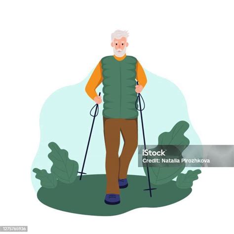 한 노인이 공원에서 막대기로 걷고 있다 북유럽 걷기 활동적인 노화 스포츠의 개념 플랫 만화 벡터 일러스트레이션 걷기에 대한 스톡 벡터 아트 및 기타 이미지 Istock