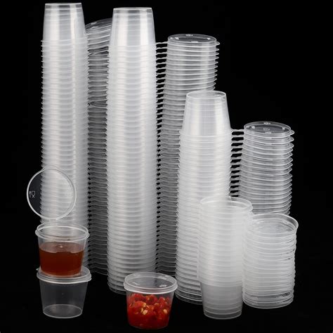 Zeonhei 200 Pcs 1oz Clear Round Hinged Pots With Lids Mini Plastic