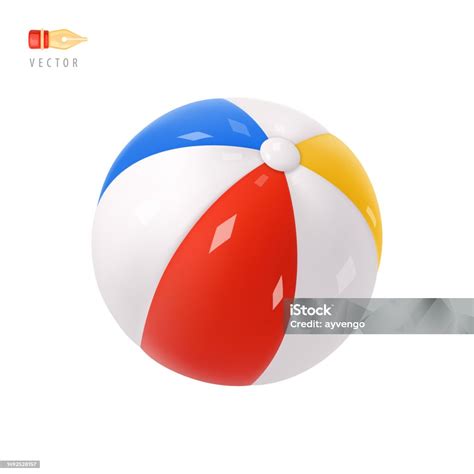 피트니스 볼 비치볼 활동적인 레크리에이션을 위한 장비 하얀 빨강 파랑 노랑 줄무늬 비치 볼 사인 흰색으로 분리된 물체 현실적인 만화 3d 아이콘입니다 이모티콘 디자인 클립