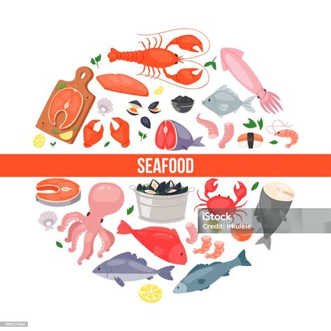 Ilustrasi Vektor Spanduk Kartun Datar Makanan Laut Dan Ikan Ikan Salmon