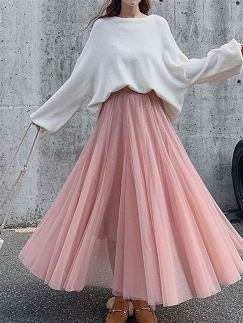 Womens Skirt Swing Tulle Long Skirt Maxi Black Pink Khaki Beige Skirts