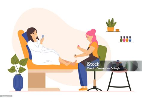 스파 뷰티 웰니스 마사지 살롱 여성 고객을 위해 페디큐어를 하는 네일 기술자 매니큐어를 바르고 있는 여성 뷰티 스파에 대한 스톡 벡터 아트 및 기타 이미지 Istock