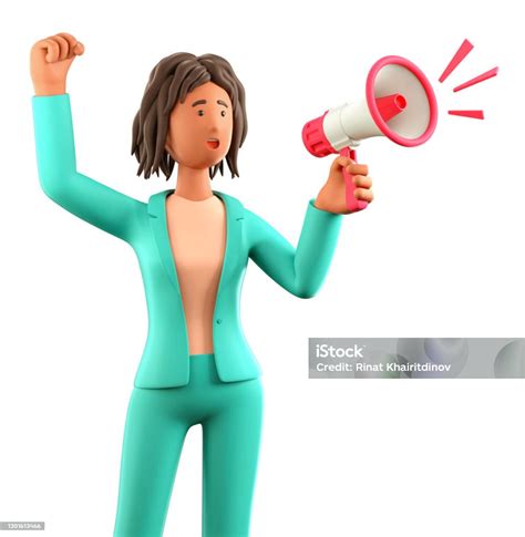 스피커를 들고 아프리카 계 미국인 여성을 외치는 3d 그림 흰색에 고립 된 그녀의 손을 들어 라우드 스피커를 통해 발표 녹색 양복을 입은 귀여운 만화 사업가 3차원 형태에