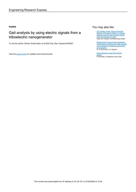 Pdf Gait Analysis By Using Electric Signals From A Triboelectric Nanogenerator