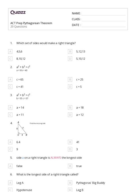 50 Pythagorean Theorem Worksheets For 11th Grade On Quizizz Free Printable