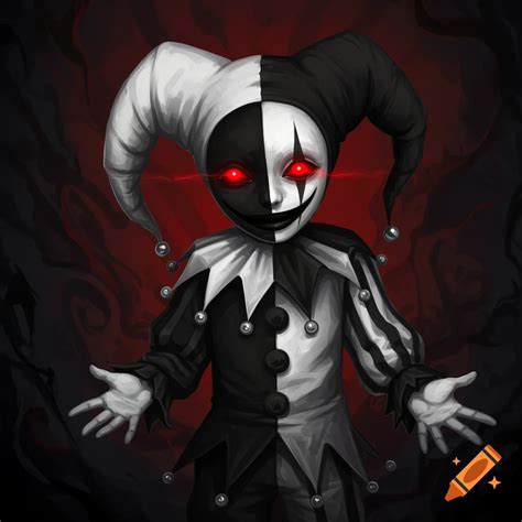 A Black And White Jester With Evil Red Eyes Stands Against A Dark Red