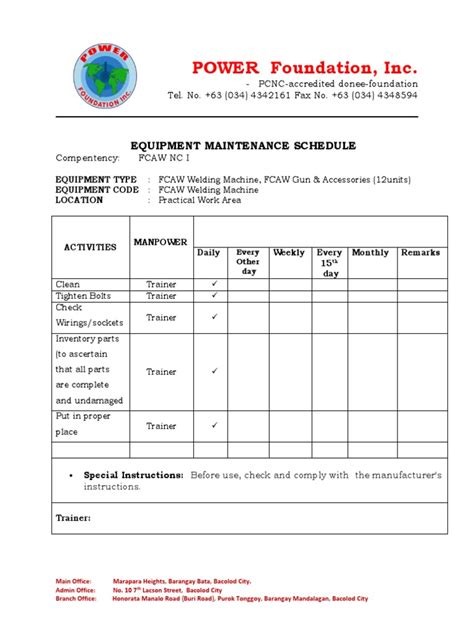 Equipment Maintenance Schedule Pdf Welding Construction
