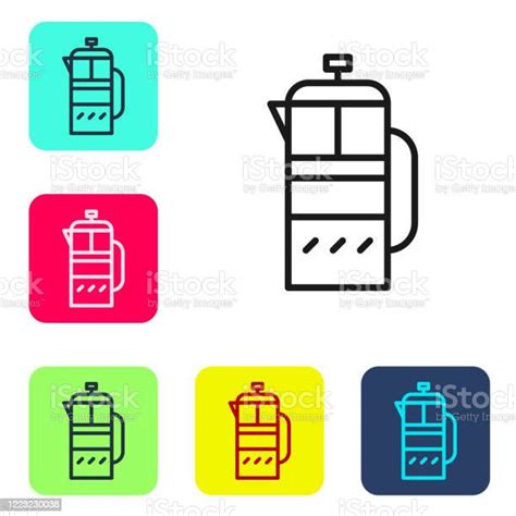 흰색 배경에 격리 된 검은 선 프랑스어 프레스 아이콘입니다 색상 정사각형 버튼으로 아이콘을 설정합니다 벡터 일러스트레이션 검은색에 대한 스톡 벡터 아트 및 기타 이미지