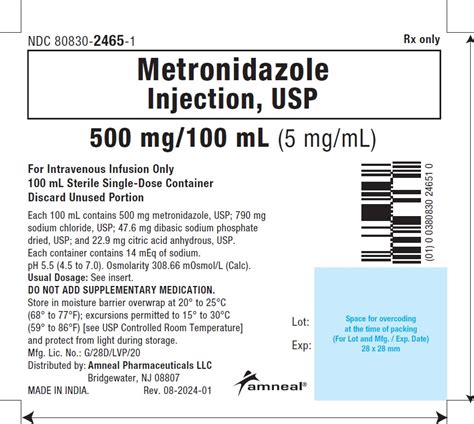 Metronidazole Injection Usp In Plastic Container 500 Mg 100 Ml 5 Mg Ml Rx Only