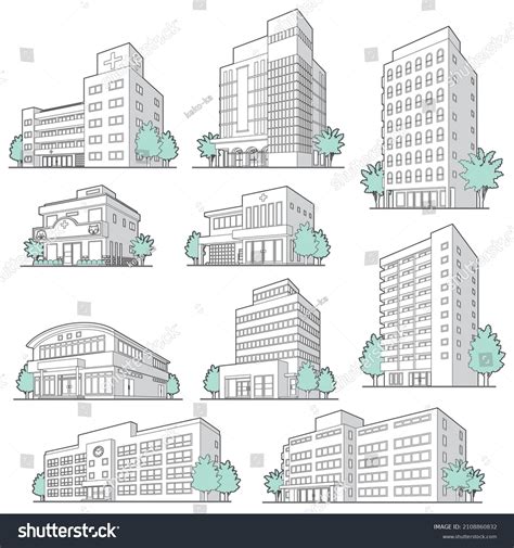 Vector Illustration Various Buildings Line Drawing Stock Vector