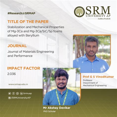 Two Paper Publications From Prof G S Vinod Kumar And His Scholar Srm