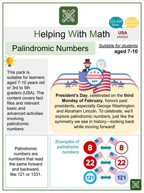 Palindromic Numbers Presidents Day Worksheets Ages 7 10