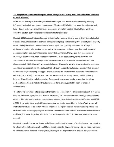 Implicit Bias1 Essay Are People Blameworthy For Being Influenced By Implicit Bias If They