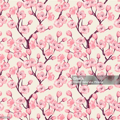 봄 벚꽃 지점 핑크 컬러 피는 사쿠라 일러스트 섬유 벽지 포장지 인쇄 옥양목 패턴에 대한 반복 가능한 배경과 꽃 섬세한 연속 원활한 질감 0명에 대한 스톡 벡터 아트 및