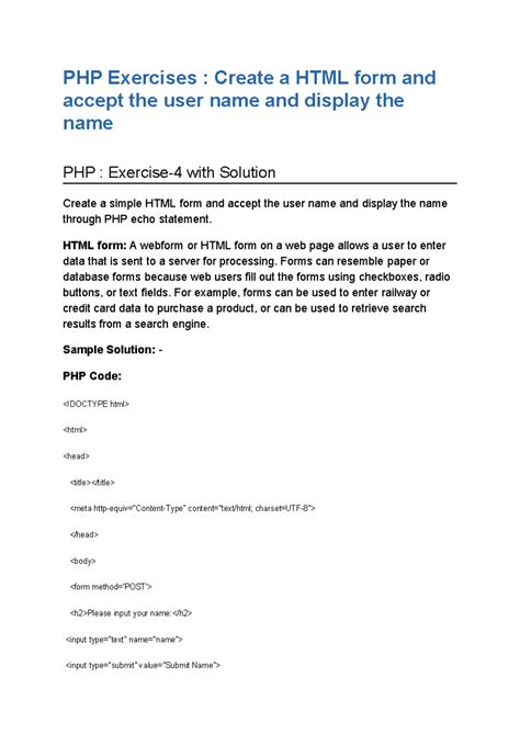 PHP Exercises HTML Form A Webform Or HTML Form On A Web Page Allows A User To Enter Data That