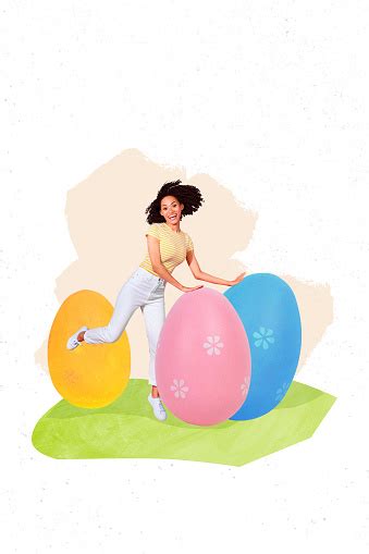 복합 3d 콜라주 트렌드 아트웍 템플릿 디자인 아가씨 행복한 미소 스탠드 큰 달걀 부활절 4 월 봄 종교 계절 휴일 20 24세에 대한 스톡 사진 및 기타 이미지 Istock