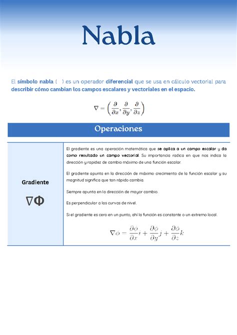 Operaciones De Nabla En Cálculo Vectorial Gradiente Divergencia Y