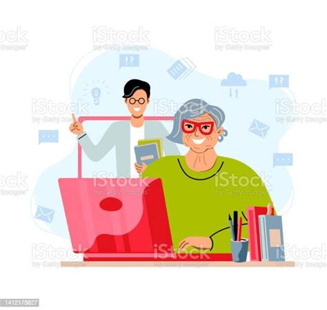 노인 여성은 학습을 위해 노트북을 사용하고 있습니다 온라인 교육 홈 스쿨링 적극적인 라이프 스타일 및 개념을 사용하는 기술 플랫 만화 스타일 벡터 일러스트레이션 가상