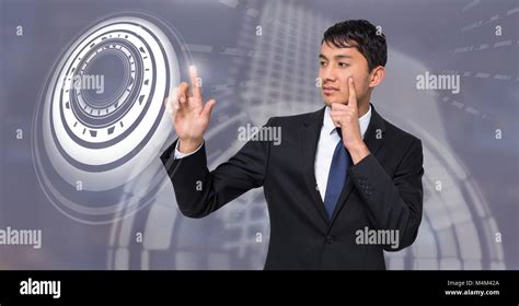 Man Touching Circle Interface Stock Photo Alamy