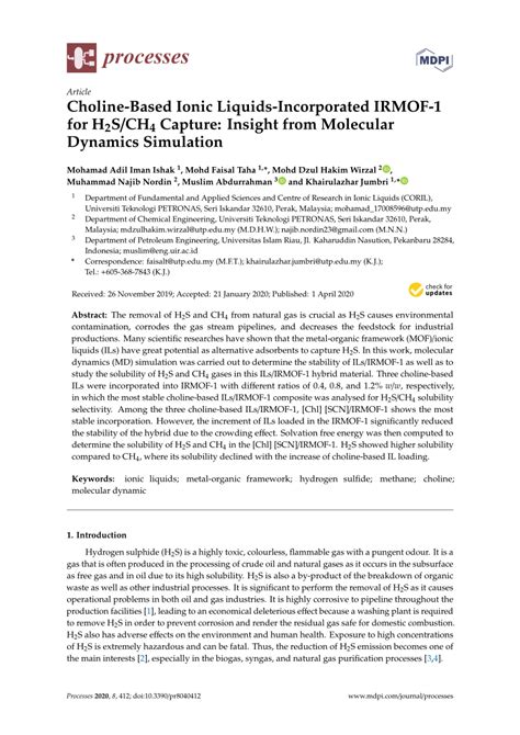 Pdf Choline Based Ionic Liquids Incorporated Irmof 1 For H2s Ch4 Capture Insight From