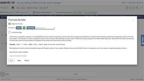 OpenBOM 101 Formula And Calculations OpenBOM