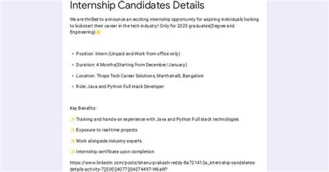 Bhanu Prakash Reddy On Linkedin Internship Candidates Details