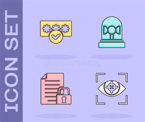 Set Eye Scan Password Protection Document And Lock And Flasher Siren Icon Vector Stock Vector