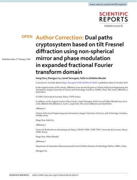Pdf Author Correction Dual Paths Cryptosystem Based On Tilt Fresnel Diffraction Using Non