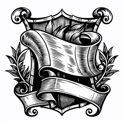 Vintage Heraldic Emblem With Blank Scroll And Ornate Shield Design