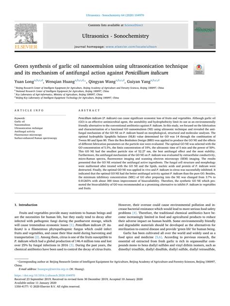 Pdf Green Synthesis Of Garlic Oil Nanoemulsion Using Ultrasonication Technique And Its
