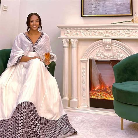 Black And White Diamond Tibeb Kemis Ethiopian Traditional Dress