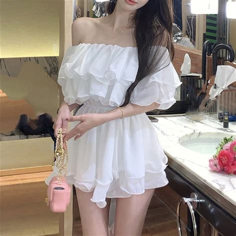 [당일발송 화이트]그라시 하객룩 미니 원피스 오프숄더 쉬폰 프릴 캉캉 에이블리