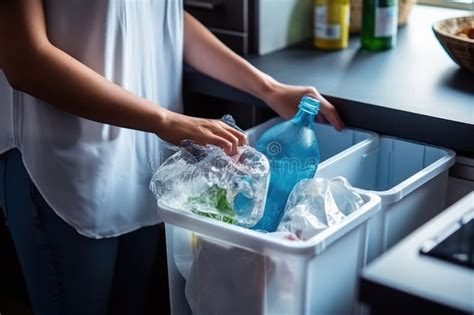 Recycling At Home Sustainable Lifestyle Woman Hands Throws Plastic Trash To Container For
