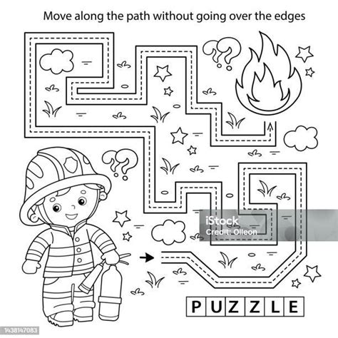 필기 연습 시트 간단한 교육 게임 또는 미로 색칠하기 개요 만화 소방관 또는 소화기를 든 소방관 소방 아이들을위한 색칠하기 책 색칠하기에 대한 스톡 벡터 아트 및 기타