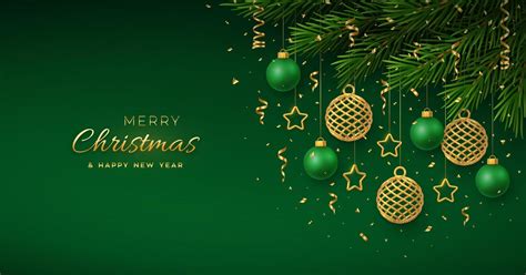 Christmas Background With Hanging Shining Golden And Green Balls Gold