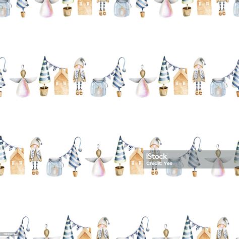 수채화 스칸디나비아 겨울 요소의 원활한 패턴 흰색 배경에 그려진 손 0명에 대한 스톡 벡터 아트 및 기타 이미지 0명 가문비나무 겨울 Istock