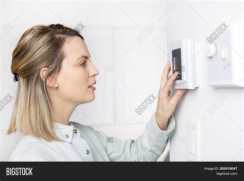 Woman Set Thermostat Image Photo Free Trial Bigstock