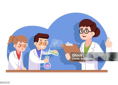 어린이 용 화학 클럽 플랫 벡터 일러스트레이션입니다 고급 화학 연구 아이들을위한 과학의 대중화 관심 클래스 소녀와 소년 실험 만화 캐릭터를 실시 교사와 과학에 대한 스톡