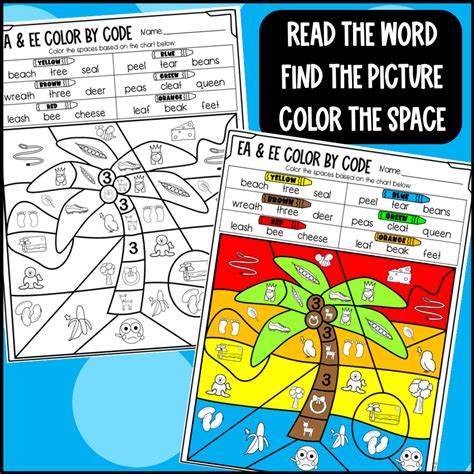 Ea And Ee Color By Code Worksheets Phonics Double Vowels Made By