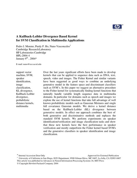 Pdf A Kullback Leibler Divergence Based Kernel For Svm Classification In Multimedia Applications