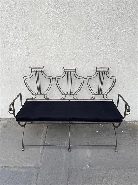 Mixed Metal Brass And Iron Bench With Tufted Seat Bottom For Sale At