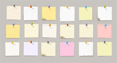 벡터 사실적인 메모 용지 와 색깔 압정 와 투명한 배경에 다른 색깔 와 0명에 대한 스톡 벡터 아트 및 기타 이미지 0명 개념 개념과 주제 Istock