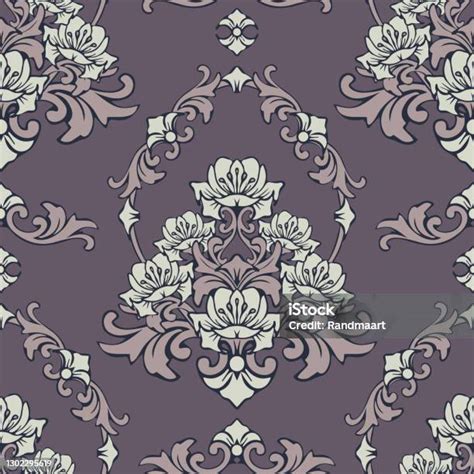 보라색 배경에 로맨틱 한 꽃과 원활한 벡터 패턴 흰색 백합로 로코코 꽃 벽지 디자인 빅토리아 스타일의 럭셔리 패션 직물 사랑에