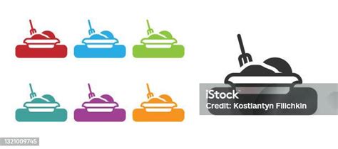 흰색 배경에 고립 된 검은 접시 포크 및 칼 아이콘 칼 붙이 기호 레스토랑 간판 다채로운 아이콘을 설정합니다 벡터 그릇에 대한 스톡 벡터 아트 및 기타 이미지 Istock